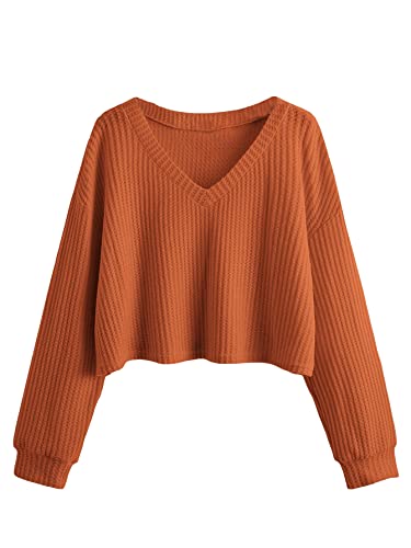 SOLY HUX Women's Plus Size Long Sleeve Crop Tops V Neck Pullover Drop Shoulder T Shirts Waffle Knit Tees Pure Orange 4XL