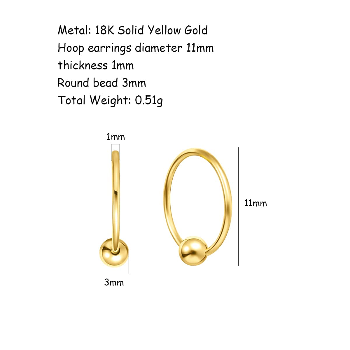FANCIME 18K Yellow Solid Gold Hoop Earrings Minimalist 3mm Bead Ball Endless Extra Small Mini Sleeper Hoop Earrings Fine Jewelry Gifts for Her Women,11mm Diameter