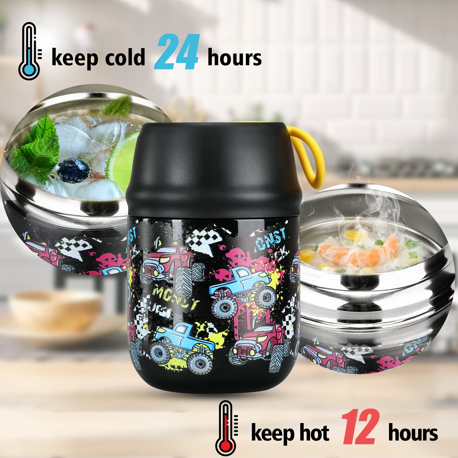 JOOPETALK Thermo for Hot Food Kids 17oz Soup Thermo Insulated Food Jar Lunch Container Keeps Hot/Cold Vacuum Stainless Steel Thermo Lunch Box With Handle Folding Spoon for School, Office, Travel