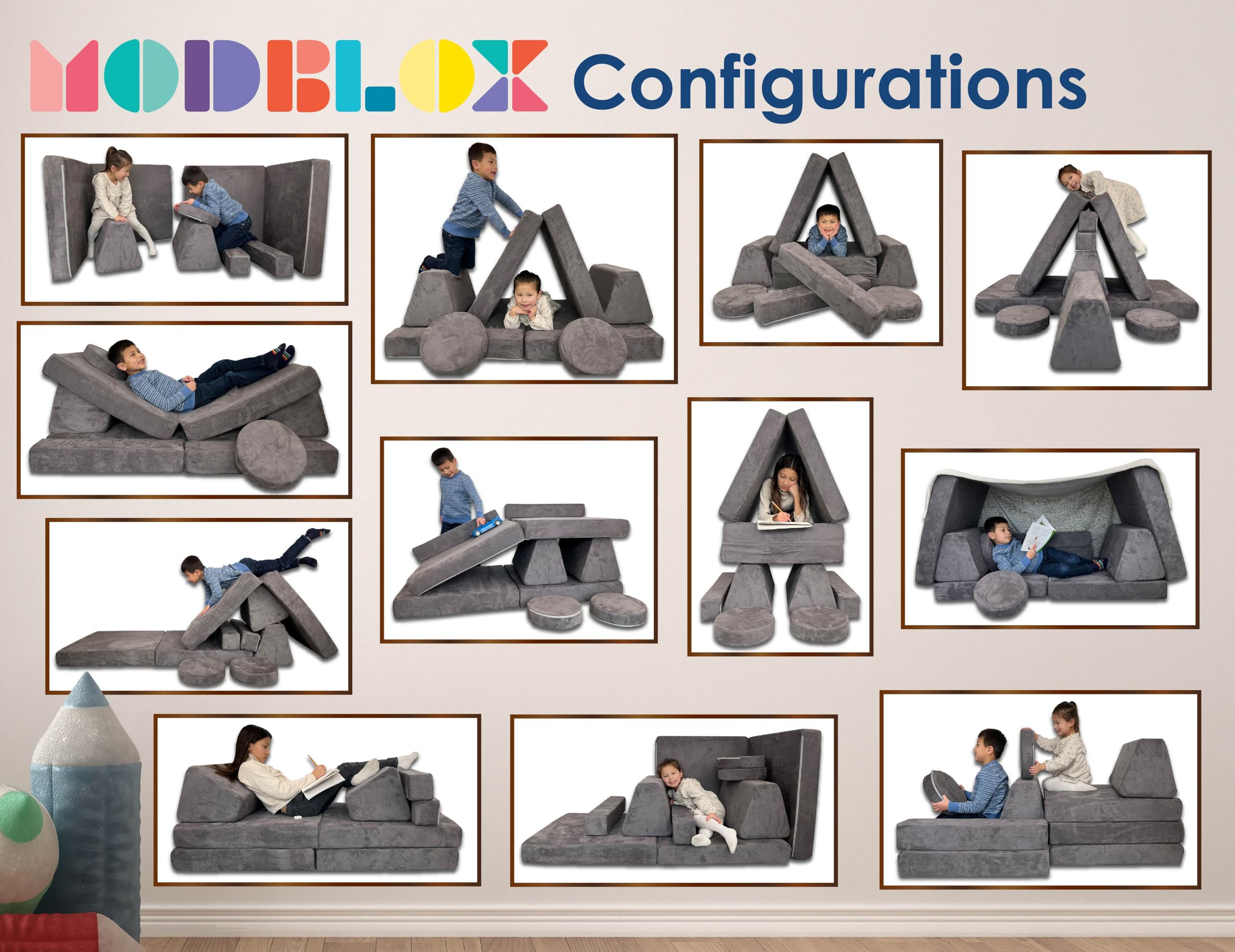 Mod Blox 10 Piece Soft Modular Kids Play Couch for Boys and Girls | Child Sectional Fort Building Sofa for Toddlers Playroom with Microsuede Covers + High Density Convertible Foam Cushions (Dark Gray)