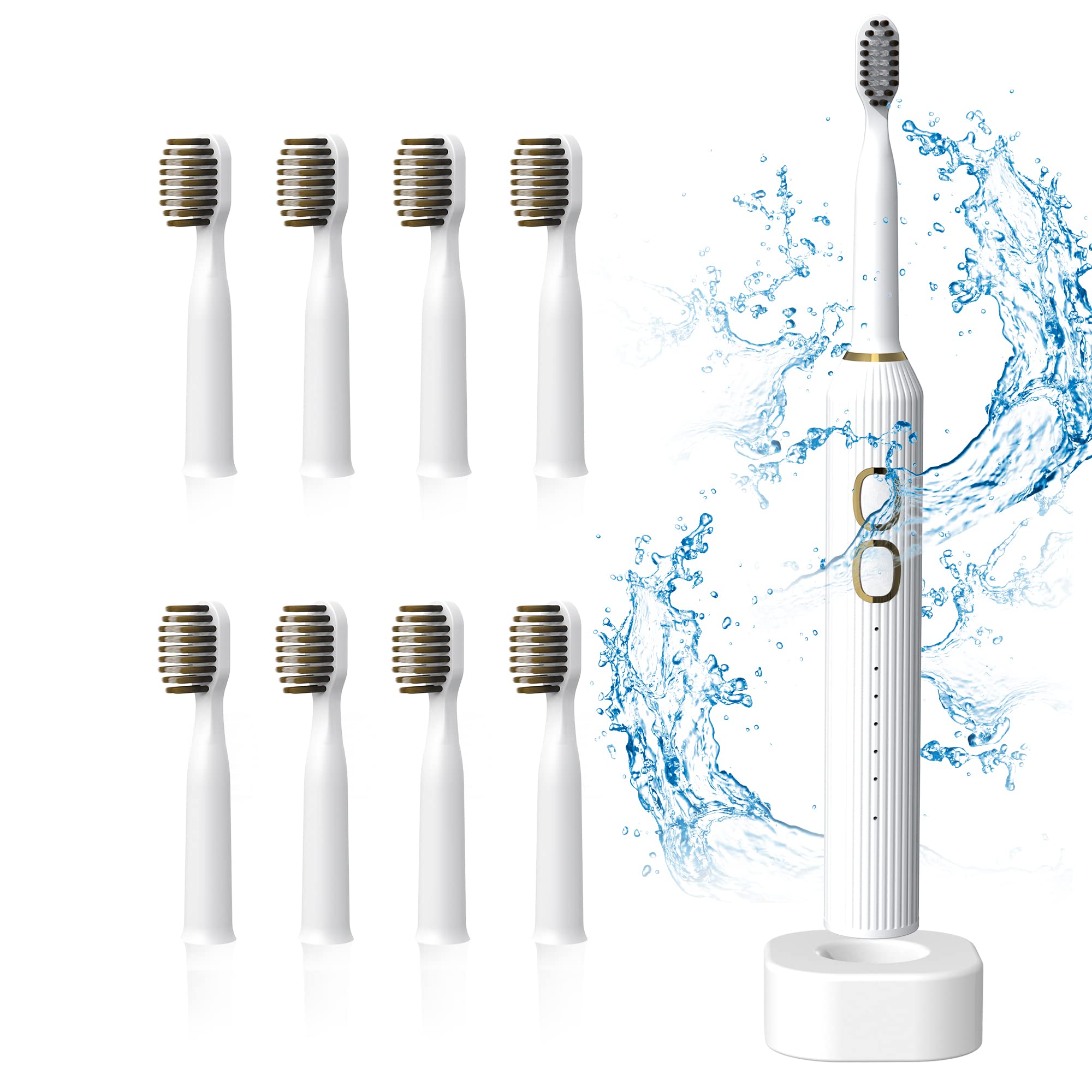 IPX7 waterproof Electric Toothbrush with 9 Brush Heads for Adults and Students, Inductive fast charging, One Charge for 30 Days,5 Modes, 3 Intensity Levels with 2 Minutes Built in Smart Timer(White)