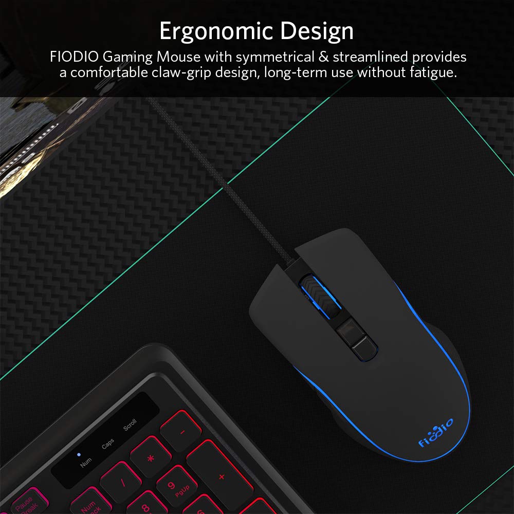 Fiodio Wired Gaming Mouse, 4 RGB LED Backlight Modes Computer Gaming Mice, Comfortable Ergonomic Optical PC Laptop Gamer Mouse for Windows 7/8.1/10