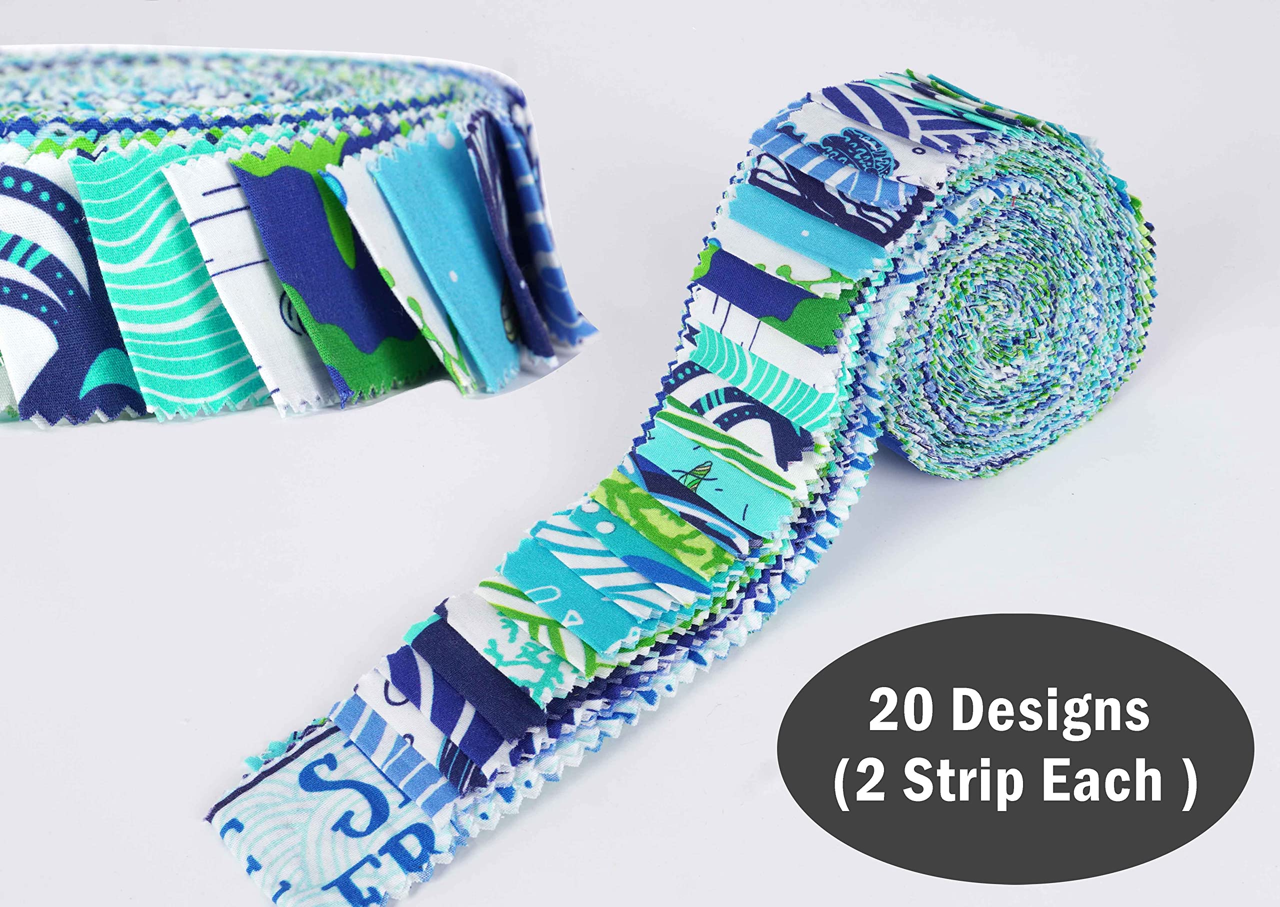 Soimoi 40Pcs Ocean Print Precut Fabrics Strips Roll Up 1.5x42 inches Cotton Jelly Rolls for Quilting - Medium Blue