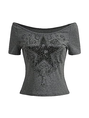 SOLY HUX Women's Y2k Graphic Tees Crop Tops Star Print Off Shoulder Short Sleeve T Shirts Dark Grey Star S