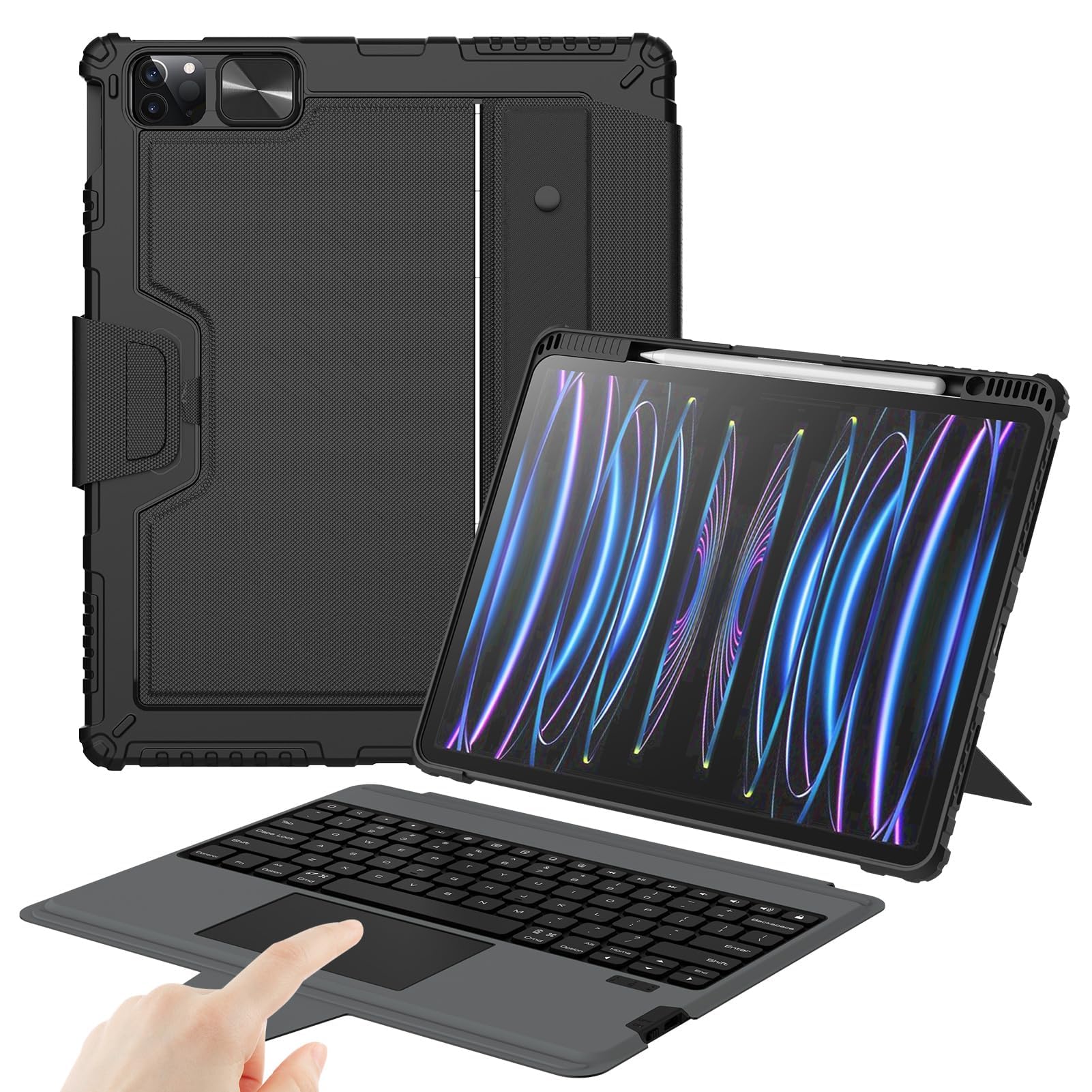 Nillkin iPad Pro 12.9 Case with Keyboard, Keyboard Case for iPad Air 13 (M2, 2024), Magic Trackpad, Detachable Keyboard, Adjustable Portrait/Landscape Stand, Sliding Camera Cover, Pencil Holder, Black