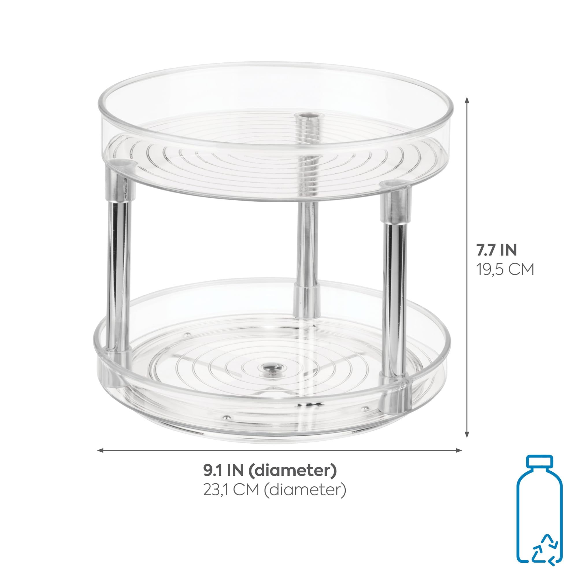 InterDesign Linus Two-Tier Lazy Susan Turntable Spice Organizer Rack for Kitchen - 9", Clear/Chrome