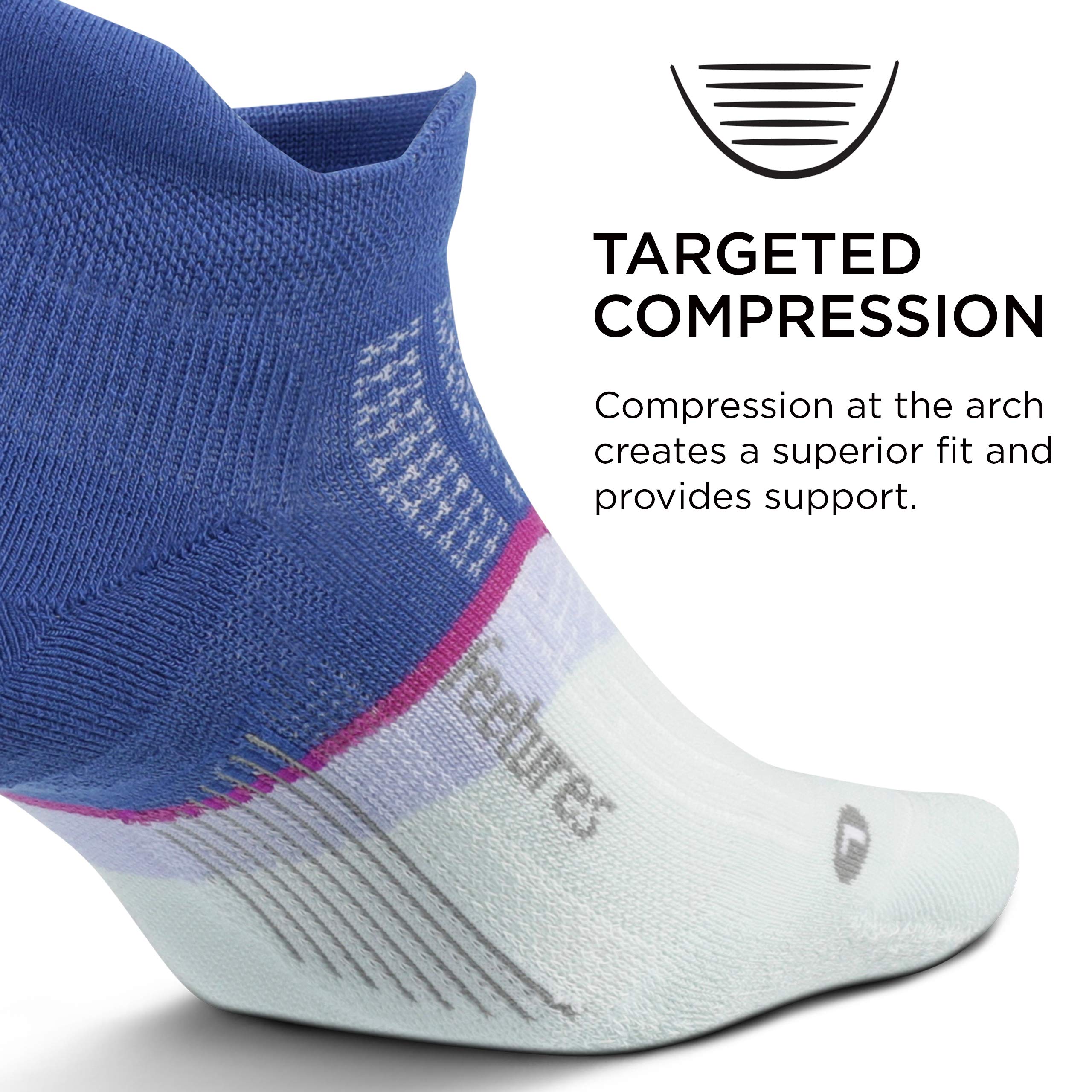 Feetures Elite Max Cushion No Show Tab Thin Stripe- Running Socks for Men & Women, Targeted Compression, Moisture Wicking - Small, Blue Moon