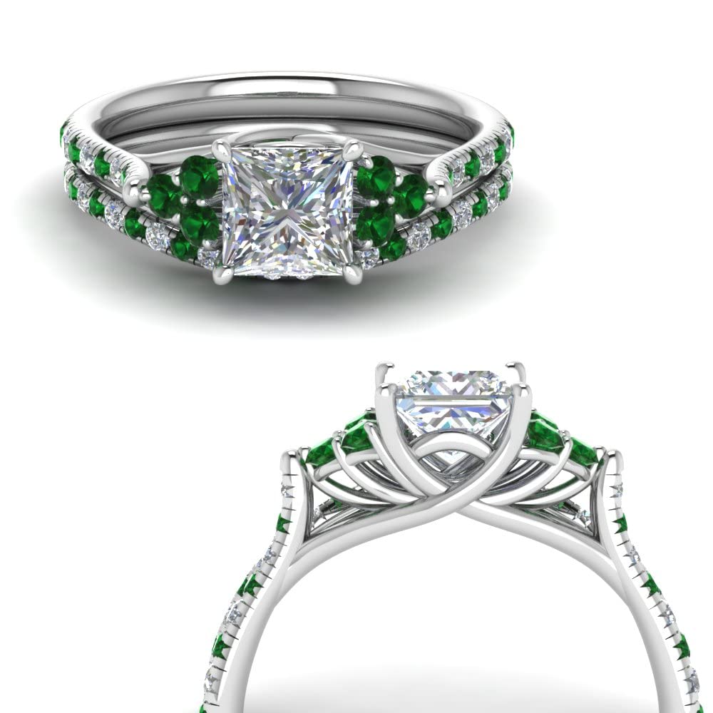 Gemsonclick Princess Cut Petite Cathedral Wedding Ring Set sterling silver Created Emerald Princess shape Green color Wedding Ring Sets prong Setting in Size 7 Casual Wear for Gift