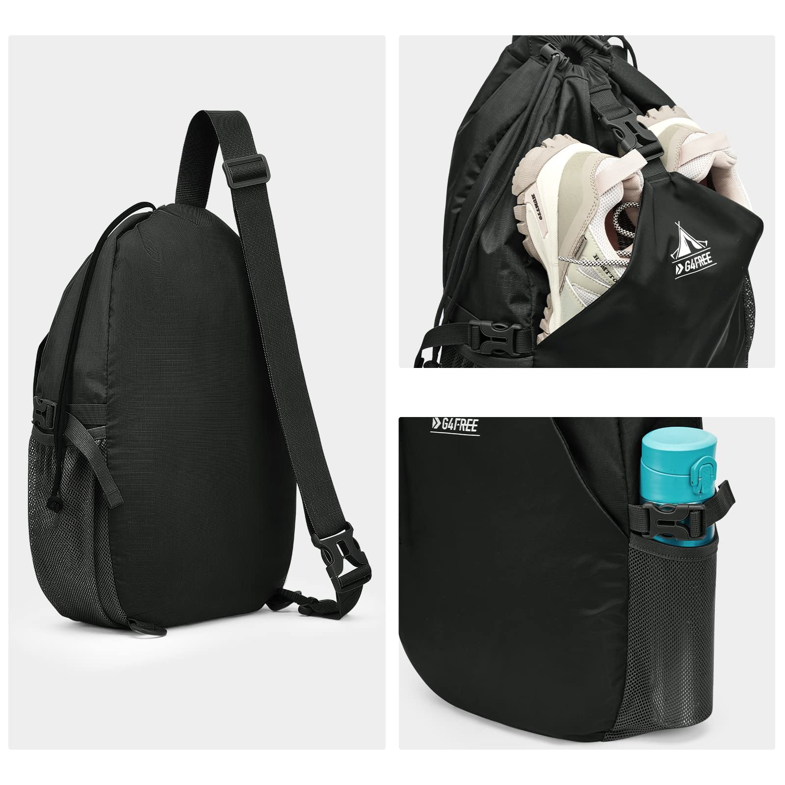 G4Free 15L Sling Bag Crossbody Drawstring Backpack Outdoor Travel Cinch Bag Foldable Gym Bag for Men Women