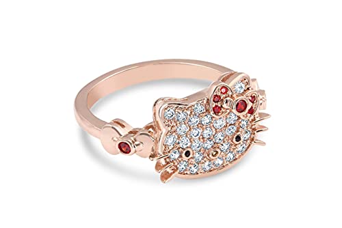 GEMSPARKLES "Hello Kitty Engagement Ring For Womens In 14K Rose Gold Plated 925 Silver 0.50CT.W. Round Cut Garnet CZ Diamond_6