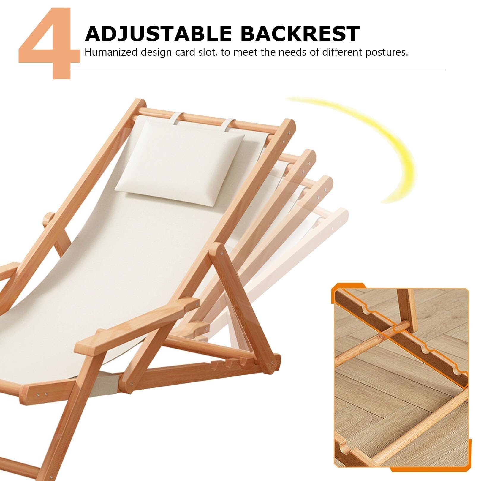 Outdoors Pool Chaise Lounger, Folding Lounge Recliner Chairs, Wooden Sunbathing Chair with 4-Position Adjustable Backrest and Arm, Assemble-Free(Beige)