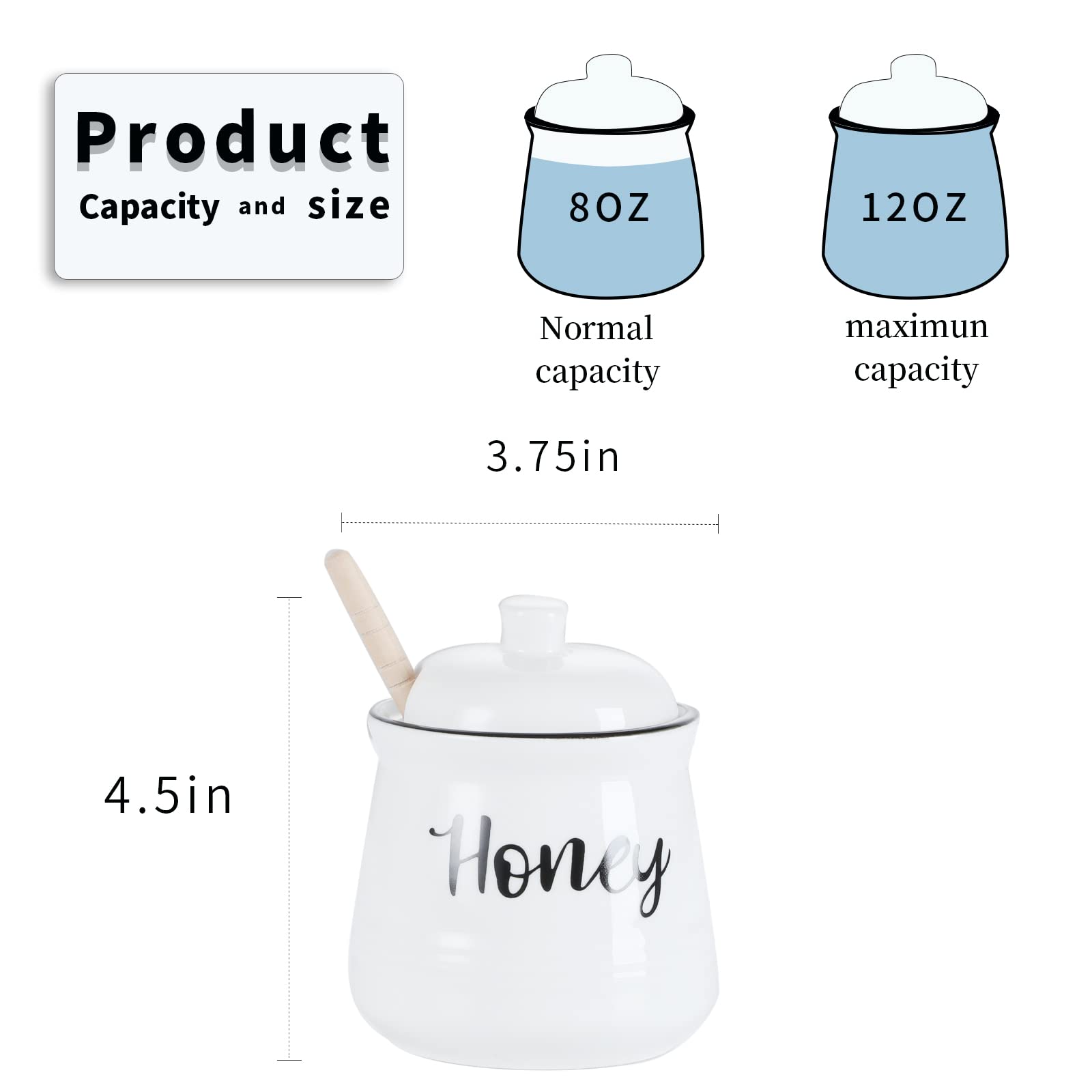 HAOTOP Farmhouse Porcelain Honey Jar with Dipper and Lid Set 12oz,Easy to Clean (White)
