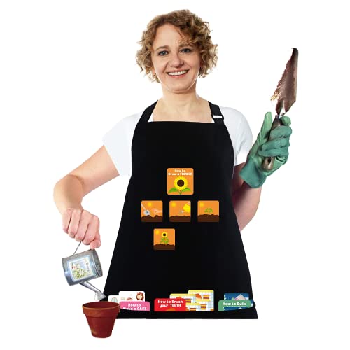 Mewise Black Apron for Teachers Storytelling,Teacher Apron with Pockets,DIY Story Teaching Apron for Kids,Funny Apron for Classroom,Kindergarten,Preschool Home School