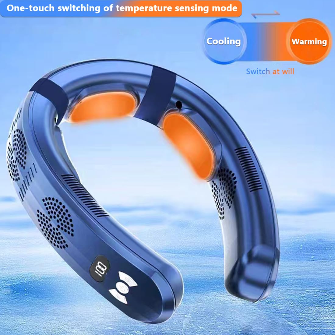 MATIHUNO Neck air conditioner 26H ultra-long life, 9600mAh portable fan, semiconductor cooling ultra-quiet triple-core intelligent digital display and heating dual-use, navy-6000mAh (TC06)