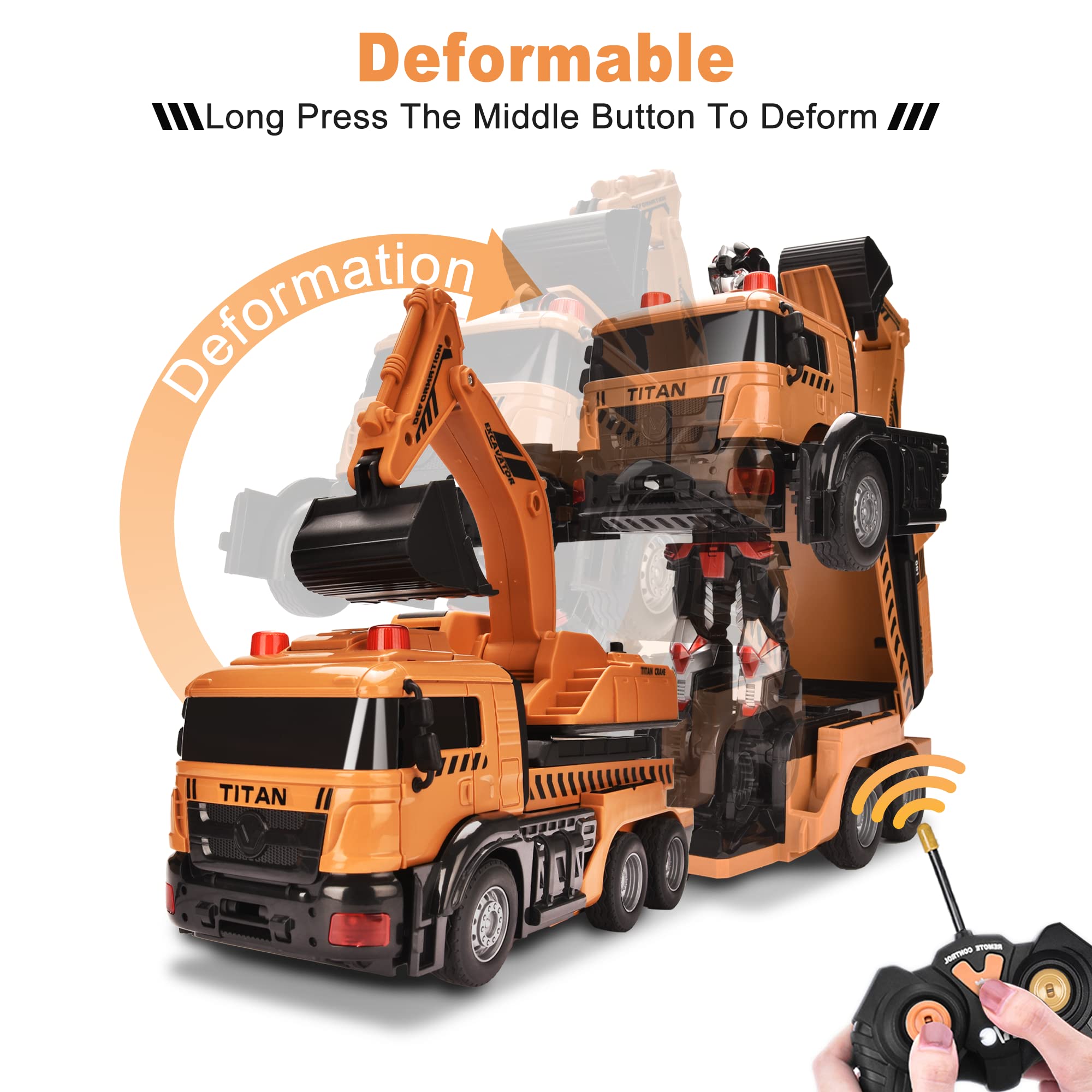 Ihowot Remote Control Toy Excavator, Transformer Car RC Robot Construction Engineering Vehicle with One-Button Deformation, Music and Light Effect, Gift Toy for Boys 4-7
