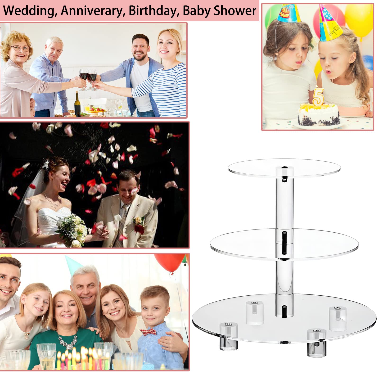 HAOWUJIN Cupcake Stand for 24 Cupcakes, Round Acrylic Cupcake Stand for Wedding Birthday Party Baby Shower Dessert Table for Parties Display, 3 Tier Clear Cupcake Tower Standā¦