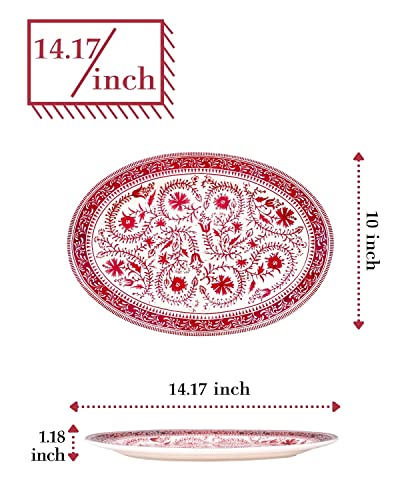 Sonemone 14 Inch Red Serving Platter Large Oval Serving Plate Tray for Entertaining Thanksgiving Christmas Party, Microwave & Dishwasher Safe