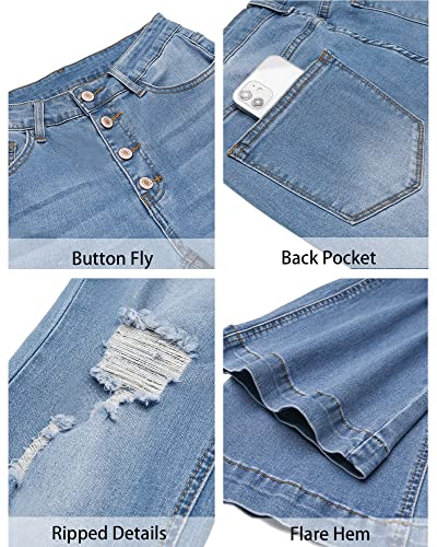 Utyful Women's High Waist Button Fly Ripped Jeans Stretchy Flare Denim Jeans Bell Bottom Pants Button Fly- Light Blue Medium