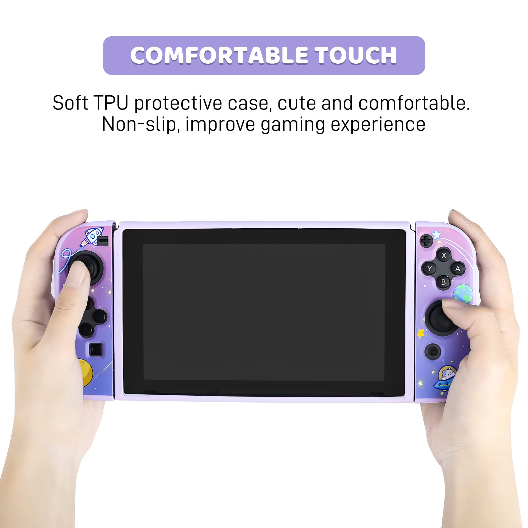 FANPL Purple Case for Nintendo Switch, Soft TPU Protective Case Compatible with Switch Console and Joy Con Controller, Cute Dockable Shell, Kawaii Switch Skin Accessories - Universe Cat & Dog Pattern