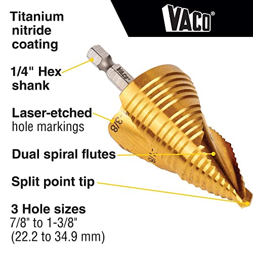 Klein Tools 25950 Step Drill Bit Set, Spiral Double Fluted, Titanium Nitride Coating, 1/4-Inch Impact Shank, Rugged Case, 4-Piece