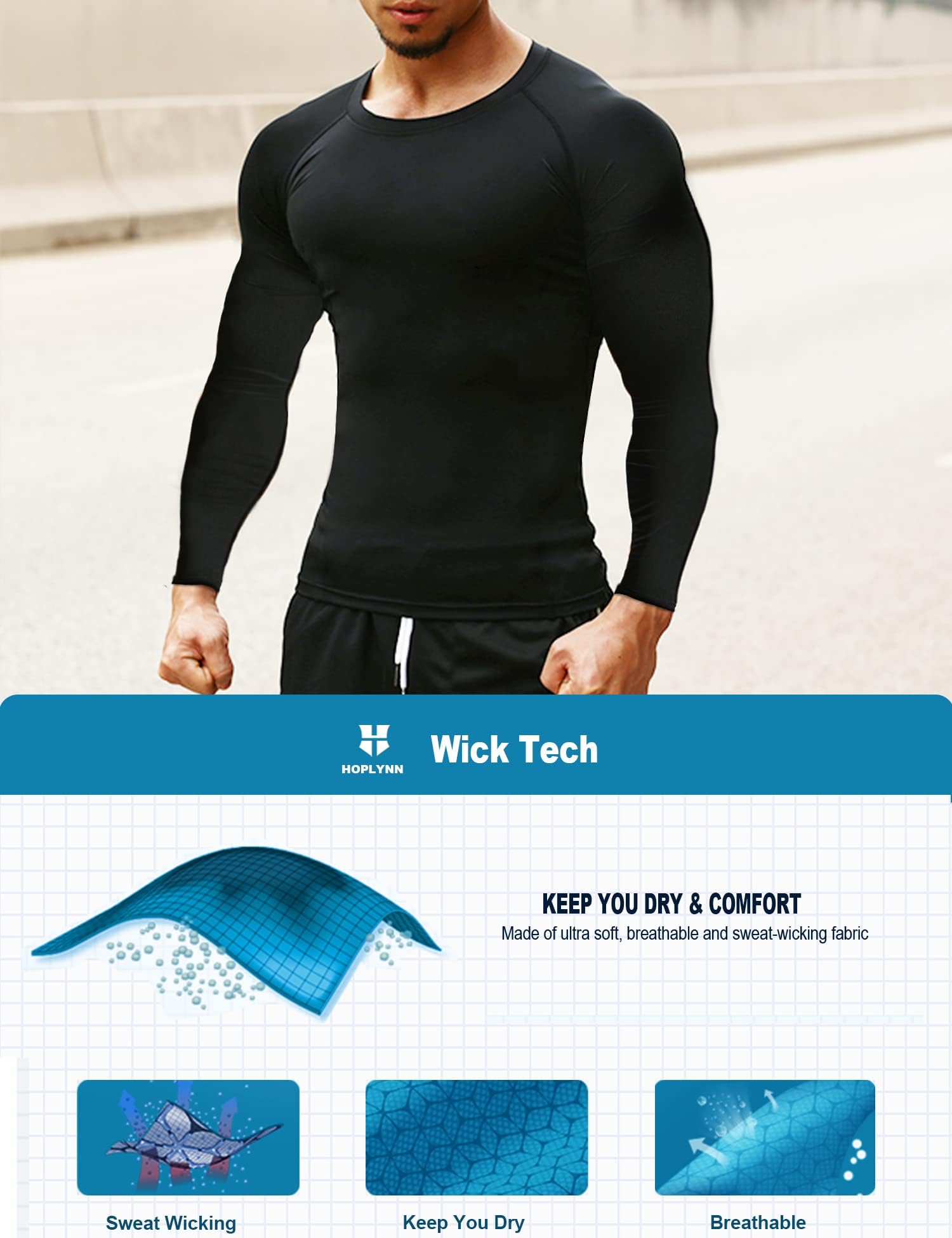 HOPLYNN 5 Pack Compression Shirts Men Long Sleeve Rash Guard Athletic Baselayer Undershirt Gear Tshirt for Sports Workout 2 Black 1 White 1 Blue 1Gray-M