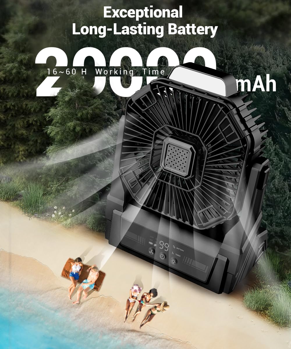 KopBeau Portable Camping Fan with Lights, 20000mAh Rechargeable Battery Operated Fan, Battery Powered Outdoor Beach Tent Fan with 3 Speeds & Hook, Personal USB Table Fan for Camping Accessories Black