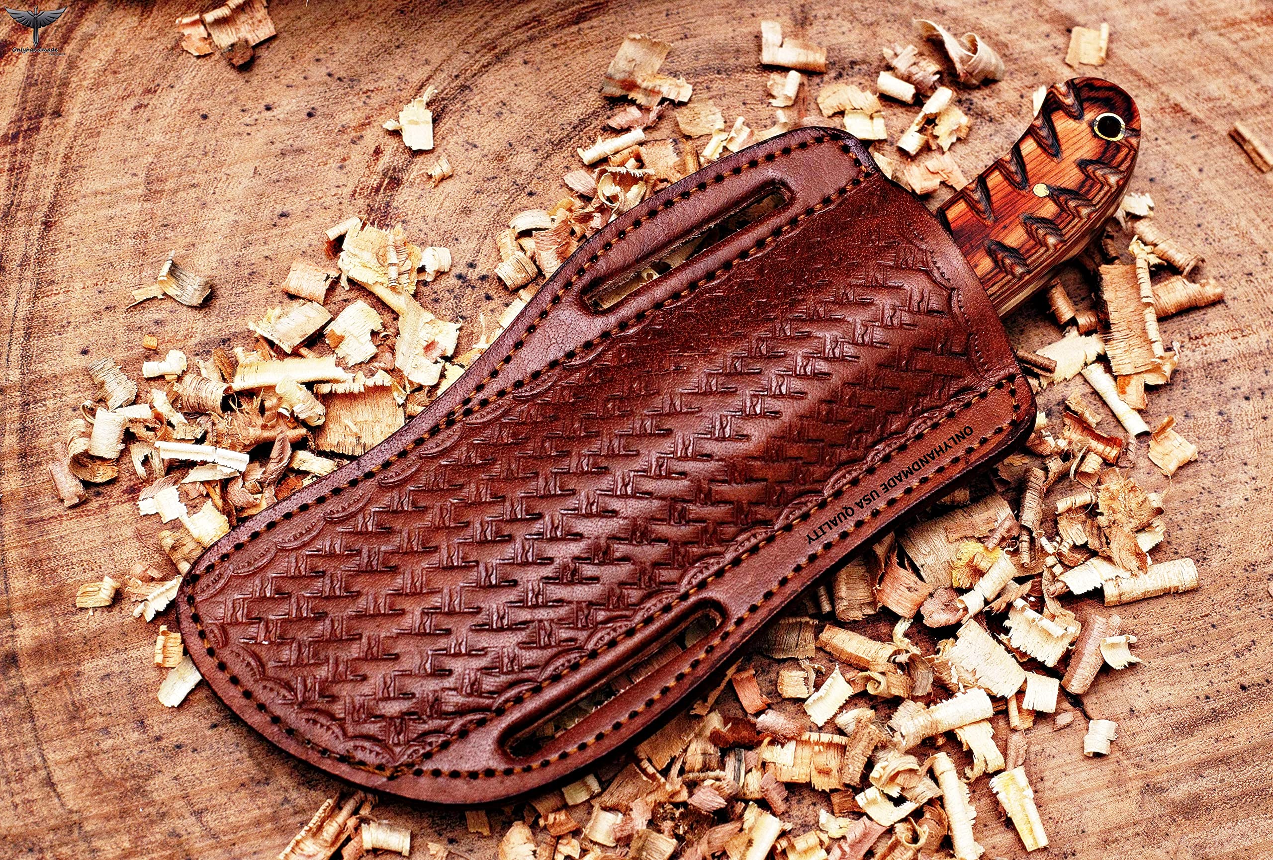 Leather Knife Sheath, Slanted Pancake Sheath, Tooled Leather Sheath, Belt Sheath, Beautiful Cow Boy Bull Cutter Knife Leather Sheath 100% Real Leather and Exotic Cow Hide Sheath - OHM-103 (OHM-103 PANCAKE)
