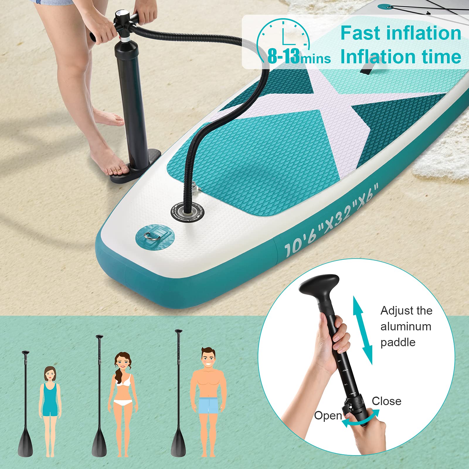 Glymnis Inflatable Stand Up Paddle Board 320x80x15cm SUP Board with Adjustable Paddle Air Pump Carry Backpack Leash & Repair Kit for Beginners Adults Kids Mint Green