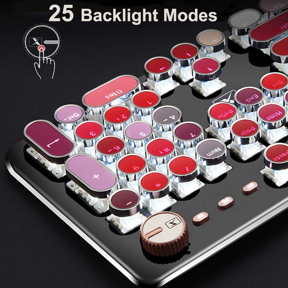 FELICON Lipstick Mechanical Gaming Keyboard, Typewriter Style Retro Keyboard with White LED Backlit,104-Key Anti-Ghosting Blue Switch Wired USB Metal Panel Round Keycaps for Desktop, Laptop