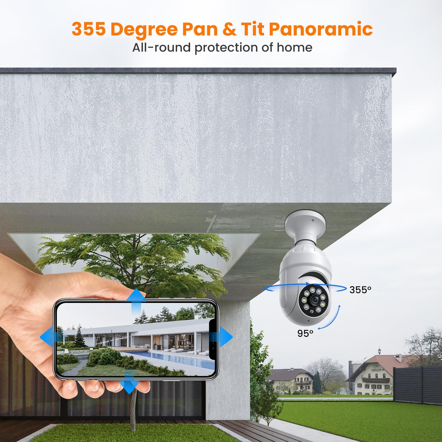FISHBOT 1080P Light Bulb Security Camera Wireless Indoor Outdoor, Color Night Vision, Human Motion Detection and Tracking, WiFi Cameras with 2-Way Audio, Real-Time Alert, 355° Panoramic Surveillance