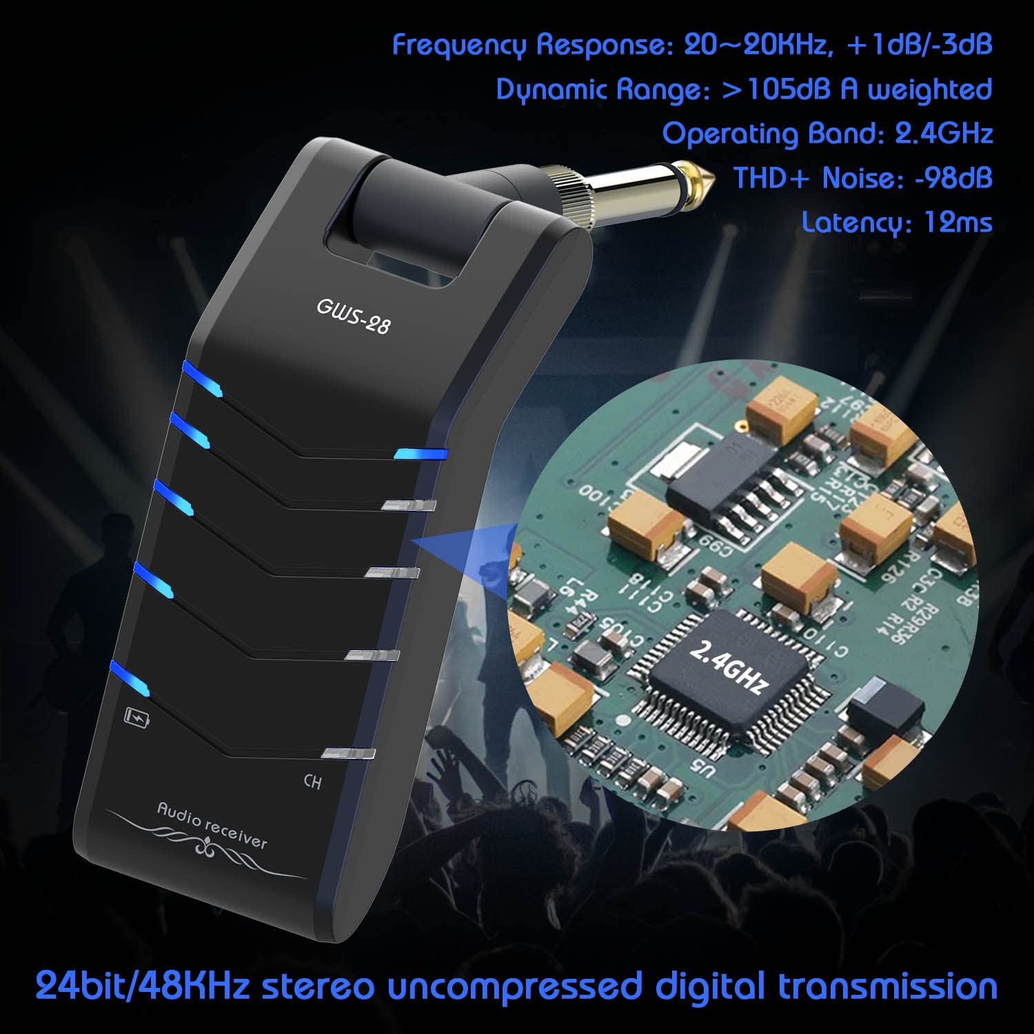 Getaria Wireless Guitar System 2.4GHz Guitar Transmitter Receiver With 5 Channels 1/4" 1/8" Plugs For Electronic Guitar Bass