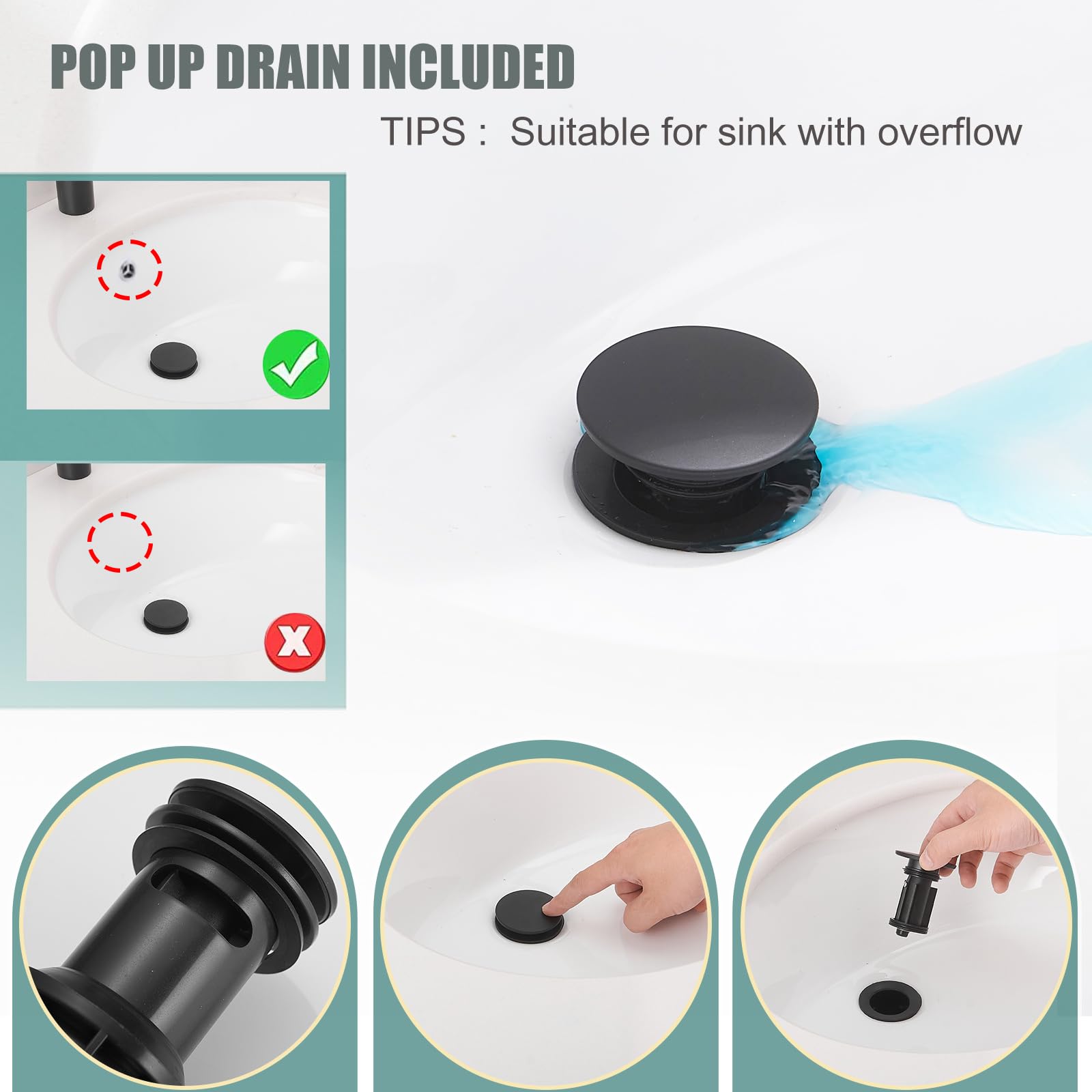 Hoimpro Matte Black Waterfall Single Hole Bathroom Faucet with 6" Deck Plate, Stainless Steel Bathroom Sink Faucet with Pop-up Drain, Rv Vanity Vessel Faucet with Supply Lines, Matte Black
