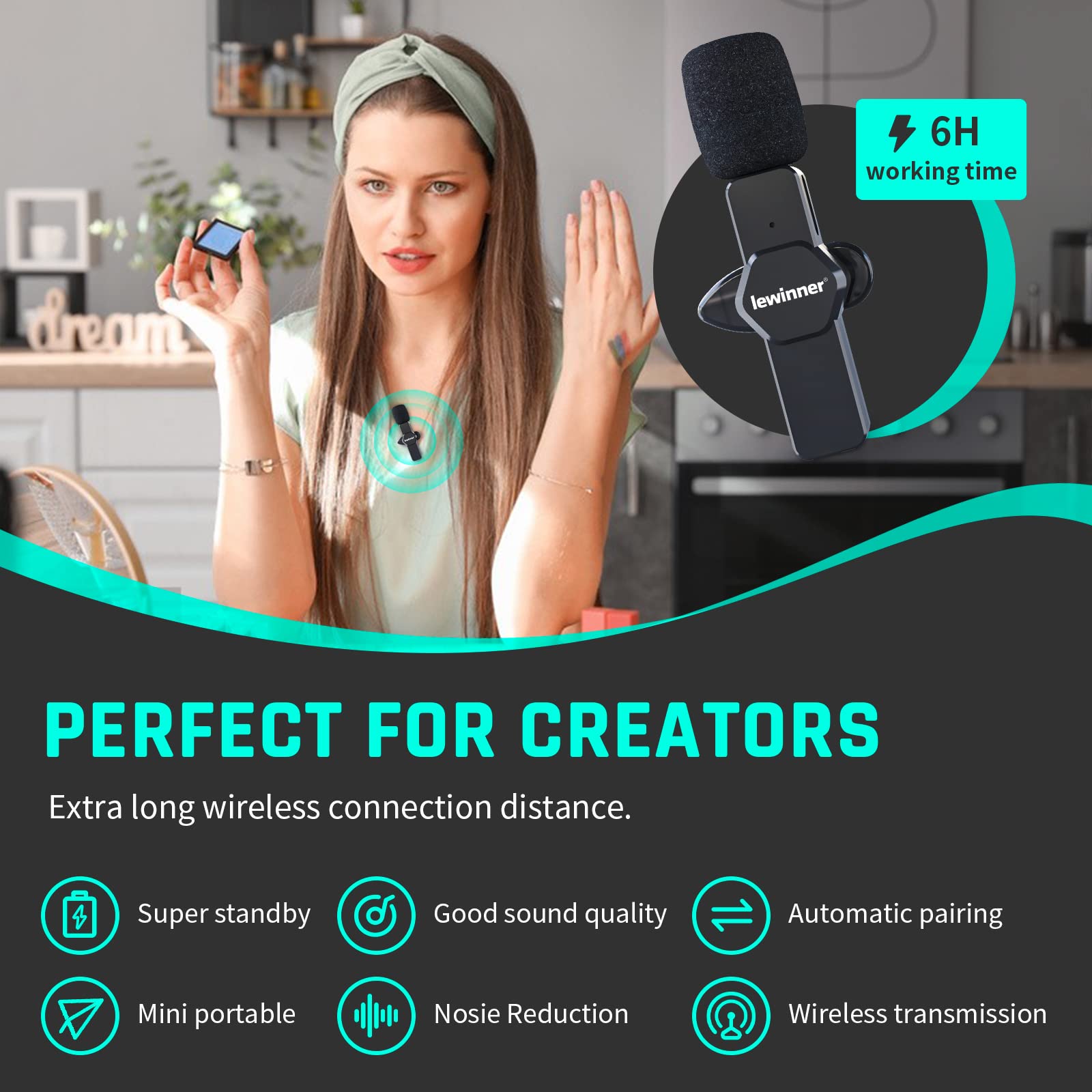lewinner Wireless Lavalier Microphone for iPhone iPad, Plug & Play Lapel Clip-on Mini Mic for YouTube Facebook Live Stream TikTok Vlog Zoom Video Record - No APP & Bluetooth Needed/Noise Reduction