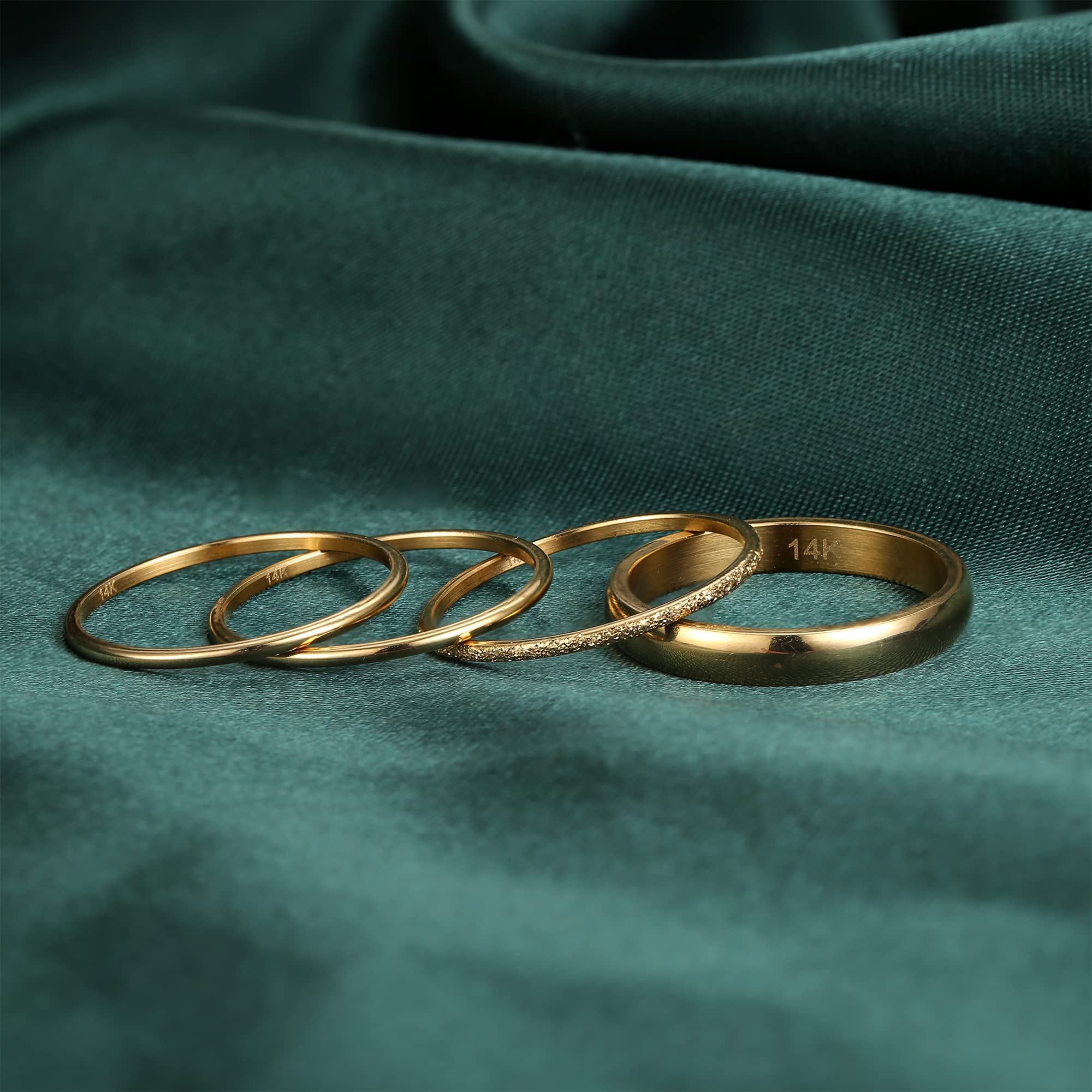Helicopchain 4Pcs 14K Gold Filled Rings Stacking Rings for Women Thin Gold Ring Plain Thumb Statement Band Ring Sand Blast Finish Ring 1mm 3mm Comfort Fit Size 10