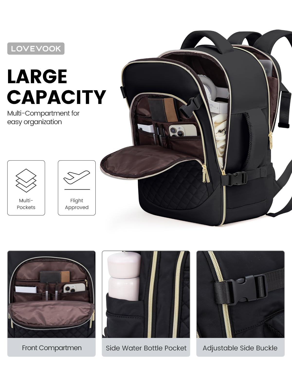 LOVEVOOK Carry on Backpack, 30L Travel Backpack for Women Airline Approved,Luggage Business Weekender Overnight Daypack as Personal Item fit for 15.6 inch Laptop,Black