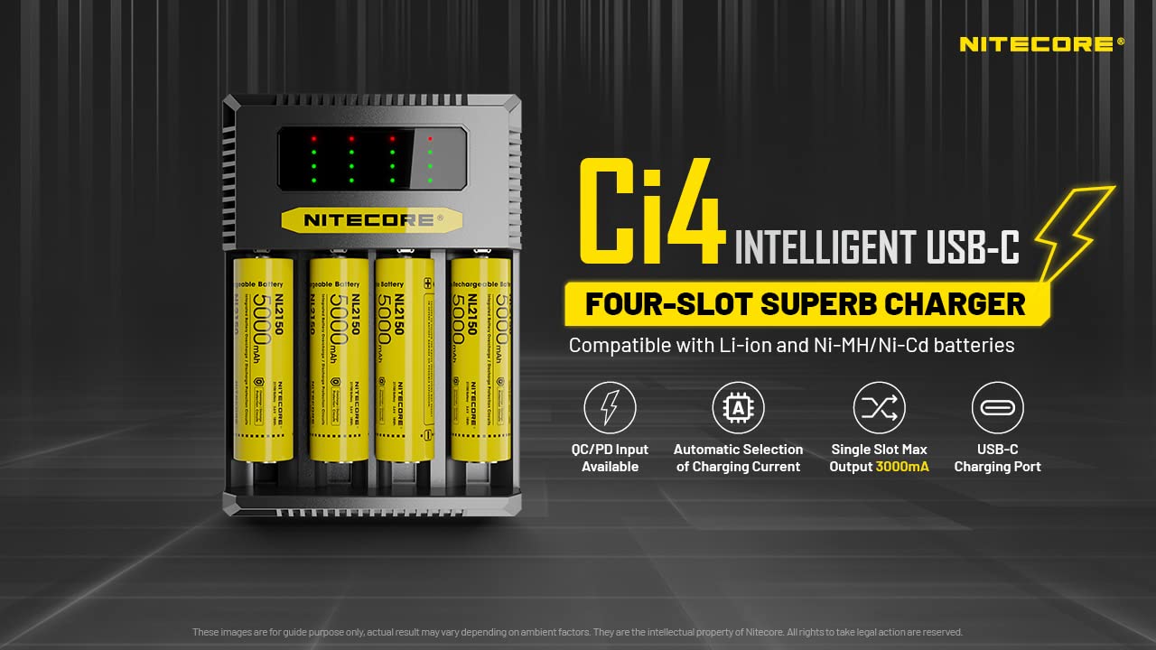 Nitecore Ci4 Four Bay Universal Battery Charger Support 16340 14500 18650 21700 Lithium Ion AA AAA Ni-MH Ni-CD, USB-C QC PD with Lumentac Battery Organizer