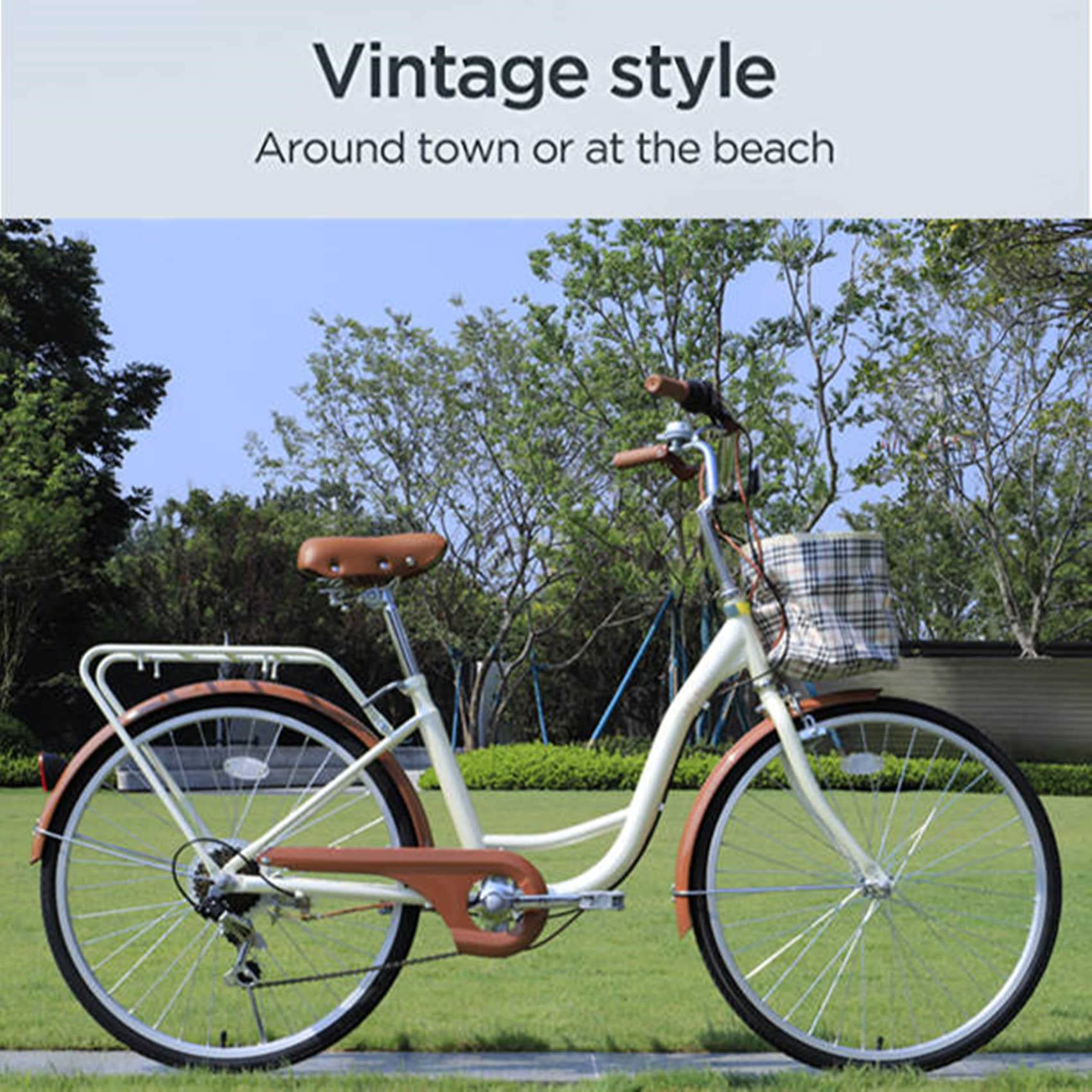 Gmlmes High-Carbon Steel Cruiser Bike, 26" Wheels Classic Bicycle Retro Bicycle Beach Cruiser Bicycle, Road Bikes (Beige, 24)