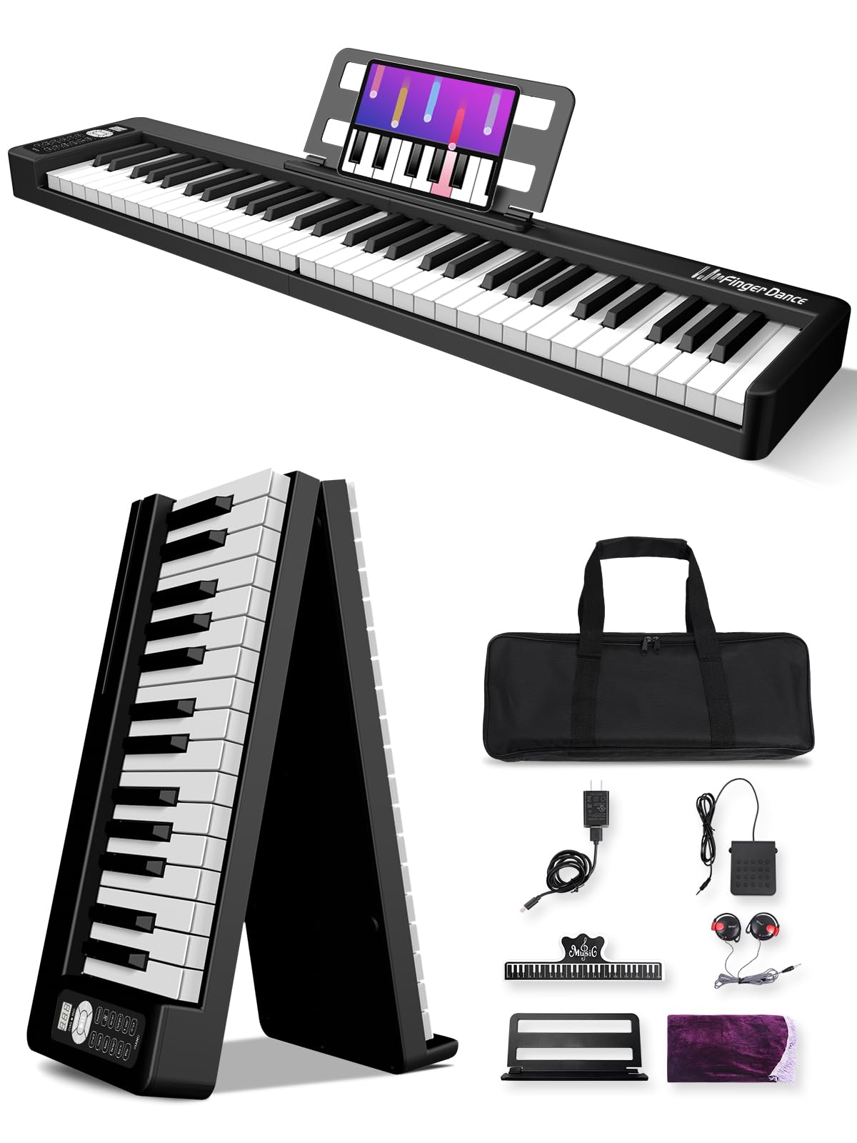 Finger Dance 61 Key Keyboard, Folding Piano, Semi Weighted Keys Portable Piano, Bluetooth & MIDI, Foldable Keyboard Piano for Beginner - Deep Black
