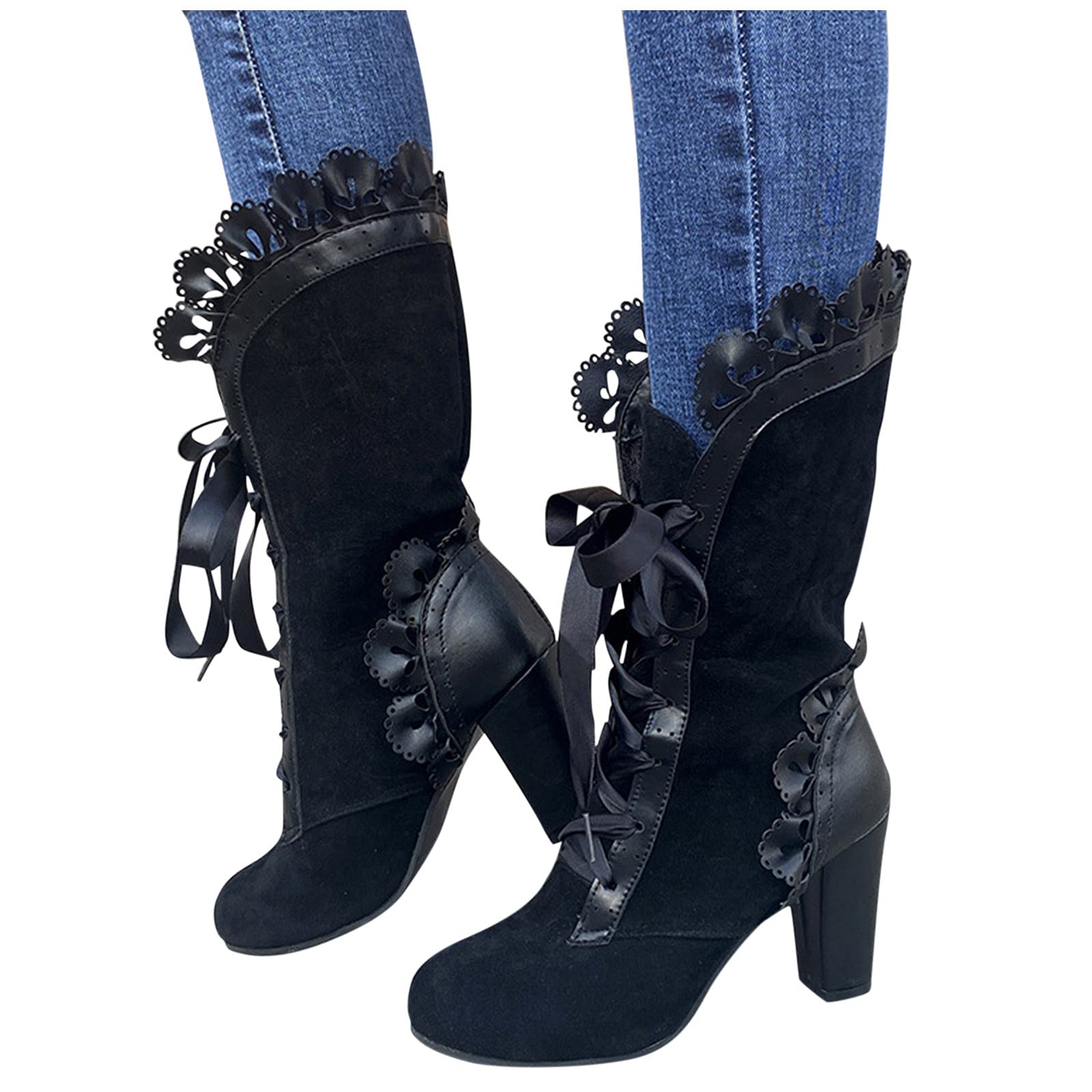 GserGdK Women Victorian Boots Witch Boots Goth Boots Sweet Bow Boots Chunky Heel Mid Calf Boots Faux Suede Lace Up Renaissance Ankle Boots Kawaii Cosplay Shoes with Bow