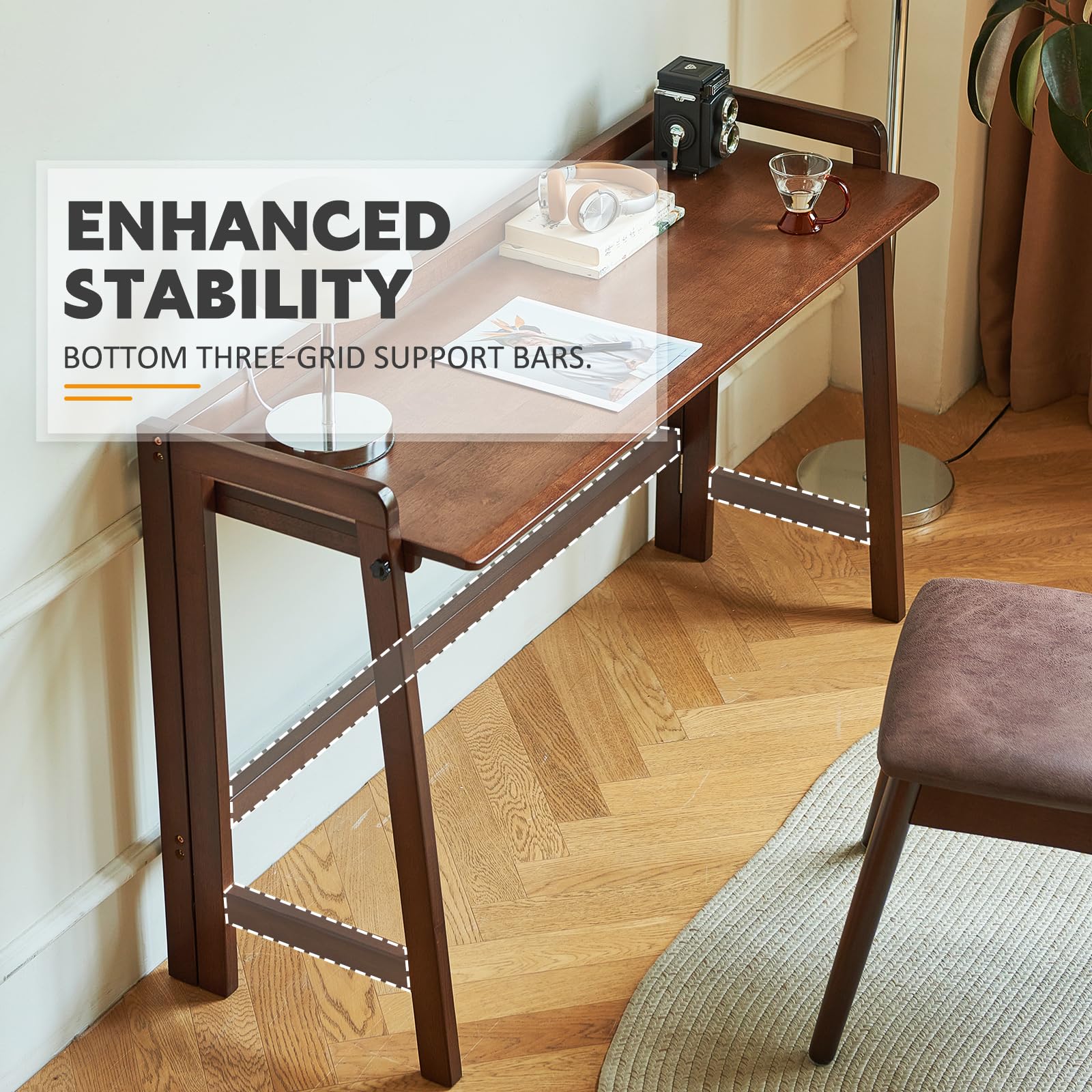 Solid Wood Folding Desk Mid Century Modern Desk, 47'' Foldable Writing Computer Desk for Home Office, Simple Study Makeup Workstation, Wooden Study Office Desk Table for Small Spaces, Walnut Color