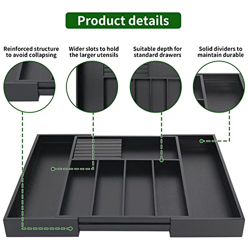 VaeFae Bamboo Silverware Drawer Organizer Kitchen, Expandable Utensil Holder and Cutlery Tray with Divider | 13"-21.6" Flatware Storage and Removable Knife Block (Black)