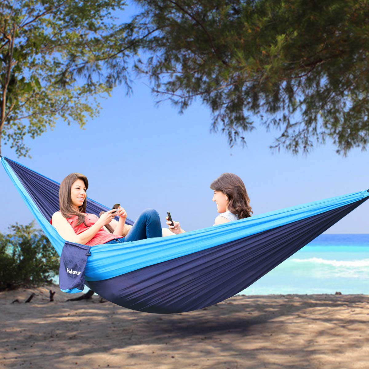 Holarun Camping Hammock Double Portable Hammocks with Lightweight 210T Nylon Parachute, Two Person Hammock Tree Straps for Backpacking, Hiking Gear, Outdoor, Travel, Beach - Navy Blue