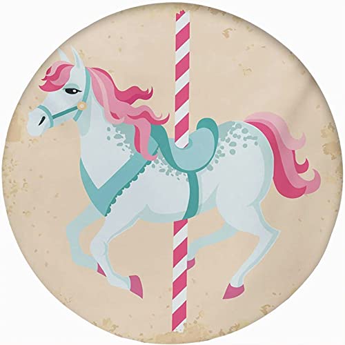 Horse Round Fitted Tablecloth with Elastic Edge,Vintage Carousel Horse Childhood Circus Joyful Amusement Park Print Polyester Table Cover, XXLarge, Fit Round Tables up 65"-71" Diameter, for Dining