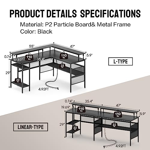 WASAGUN 55" Gaming Desk L Shaped with Power Outlet and LED Lights,Corner Computer Desk with Monitor Stand Storage Shelves for Home Office Gamer Desk