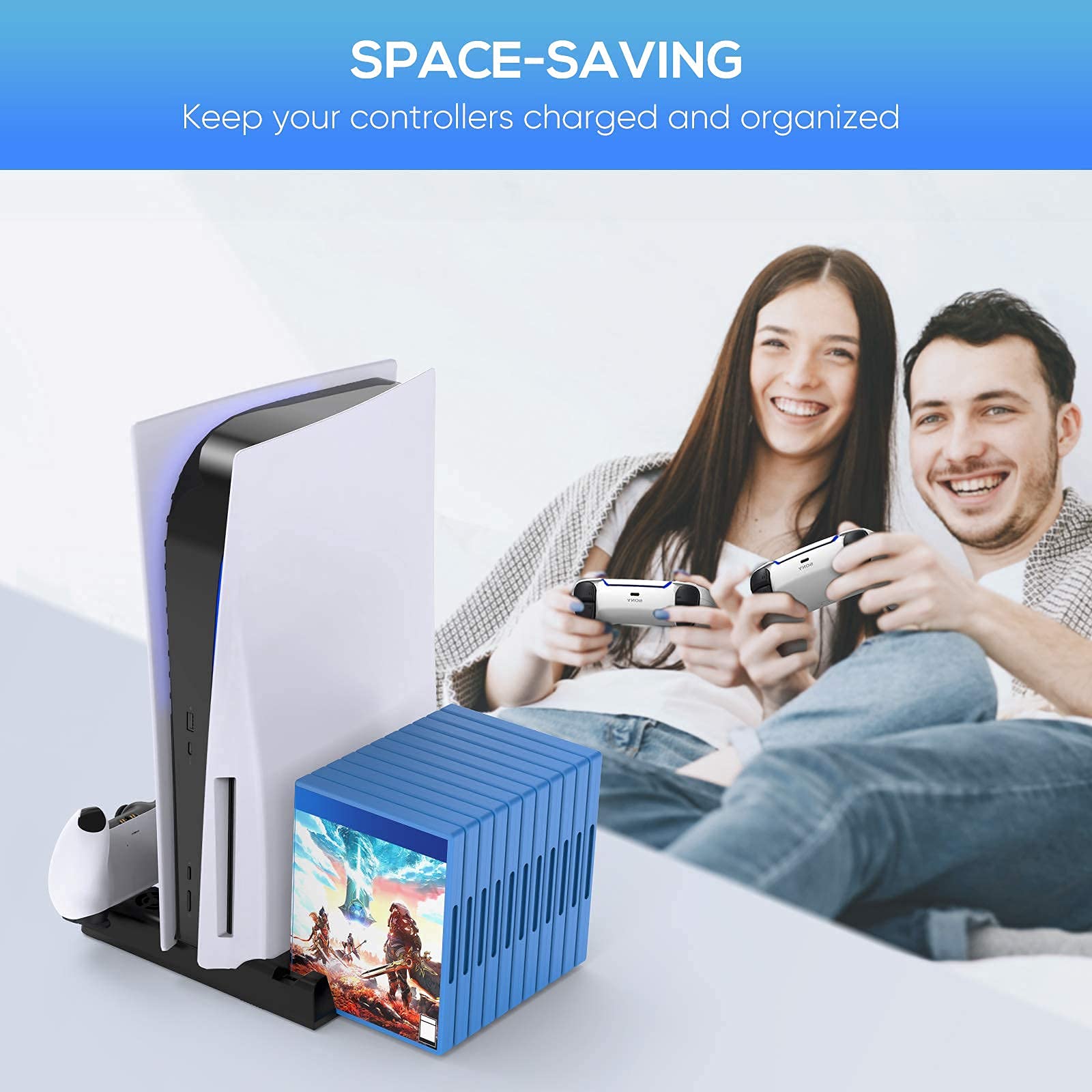 FASTSNAIL Vertical Stand with Cooling Fan&Controller Charger for PlayStation 5, Dualsense Controller Charging Station for Sony PS5/PS5 Digital Edition, Includes Extra 11PCS Video Game Organizer
