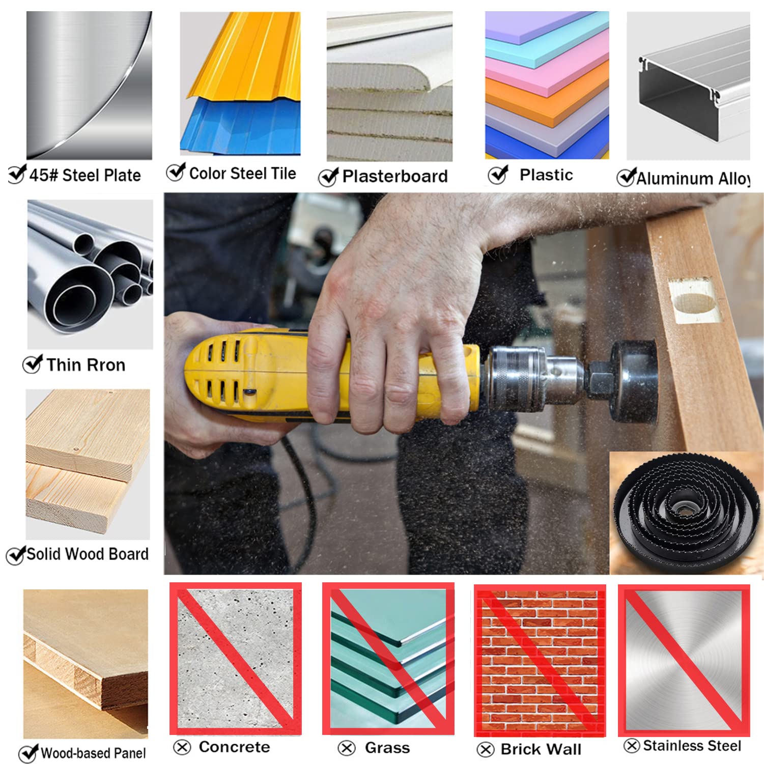 Hole Saw Kit, 6-Piece Set. Specially Constructed Heat Treated Carbon Steel, Metal Hole Saw Kit Mandrels, Ideal for Soft Wood, PVC Board,Wood, Plastic, Drywall