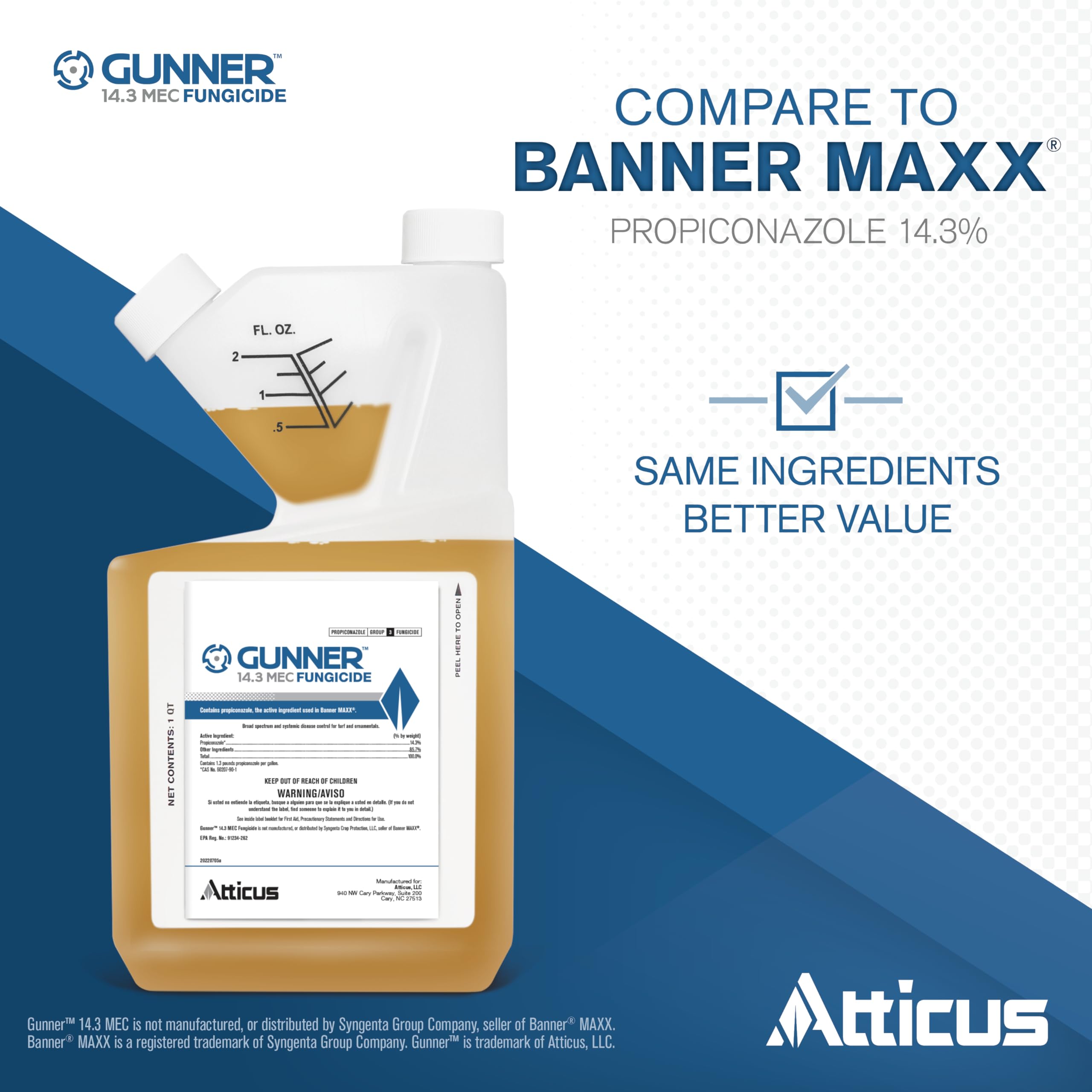 Gunner 14.3 MEC Propiconazole Fungicide (32 OZ) by Atticus (Compare to Banner Maxx) β Controls Brown Patch, Dollar Spot, Blights, Powdery Mildew, and Rusts
