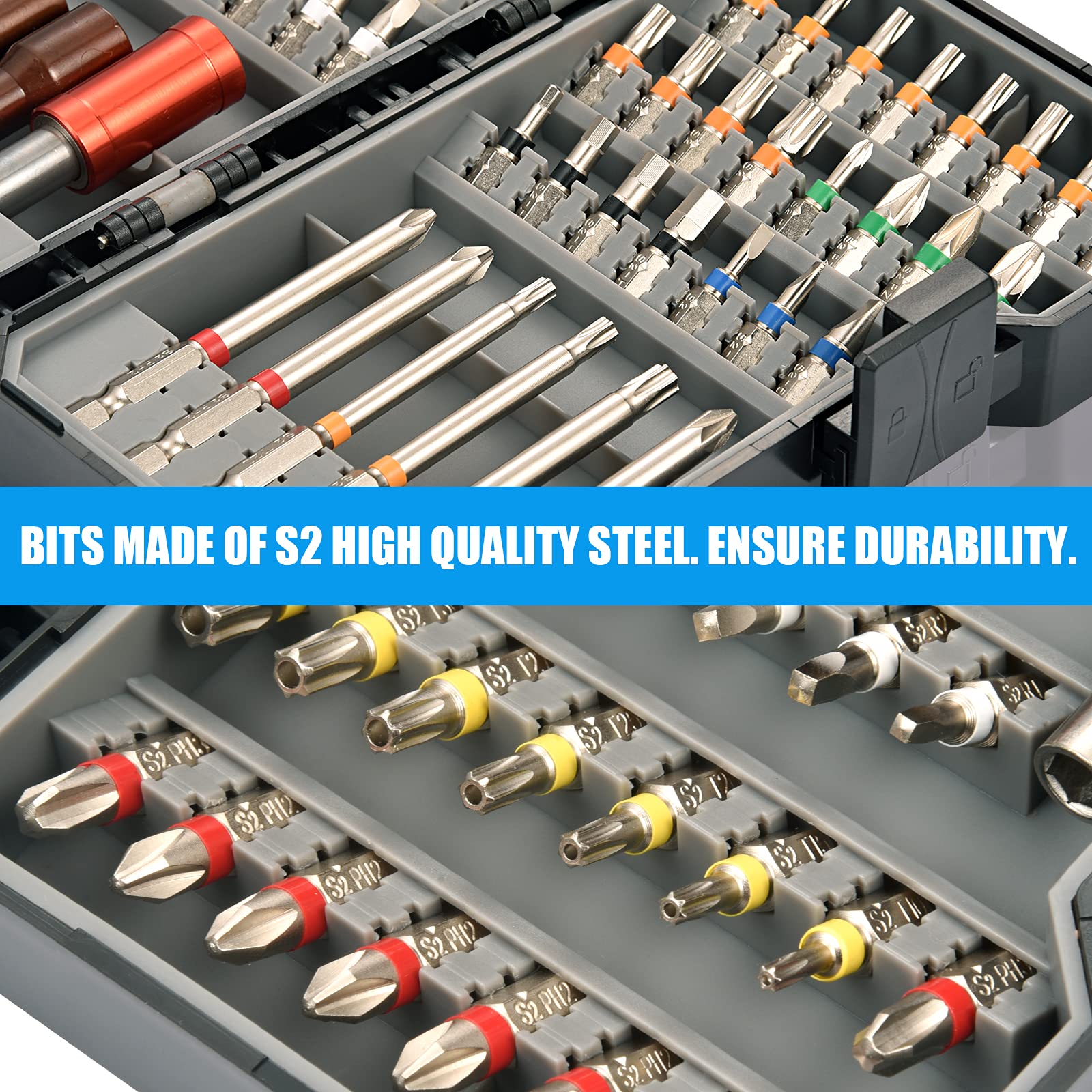 GreaTalent 56in1 S2 Steel Impact Driver Bit Set 1/4" Hex Shank, Torx/Torx Security/Phillips/Flathead/Hexagon/Square/Pozidriv/Quick Release Bit Holder, NutDrivers, Impact Rated (Upgraded Version)
