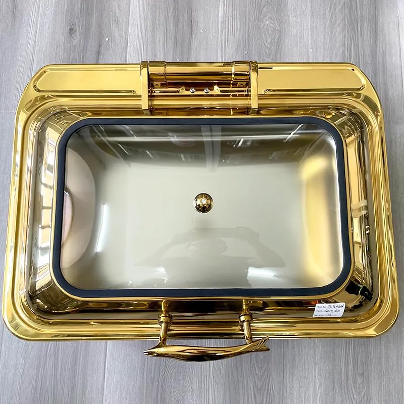 HONHPD 10L Stainless Steel Thickened Buffet Stove, Commercial Hotel Restaurant Breakfast Heating Furnace, Hydraulic Transparent Cover Buffet Stove, Chafing Dish Buffet Set, Gold(Full Size)
