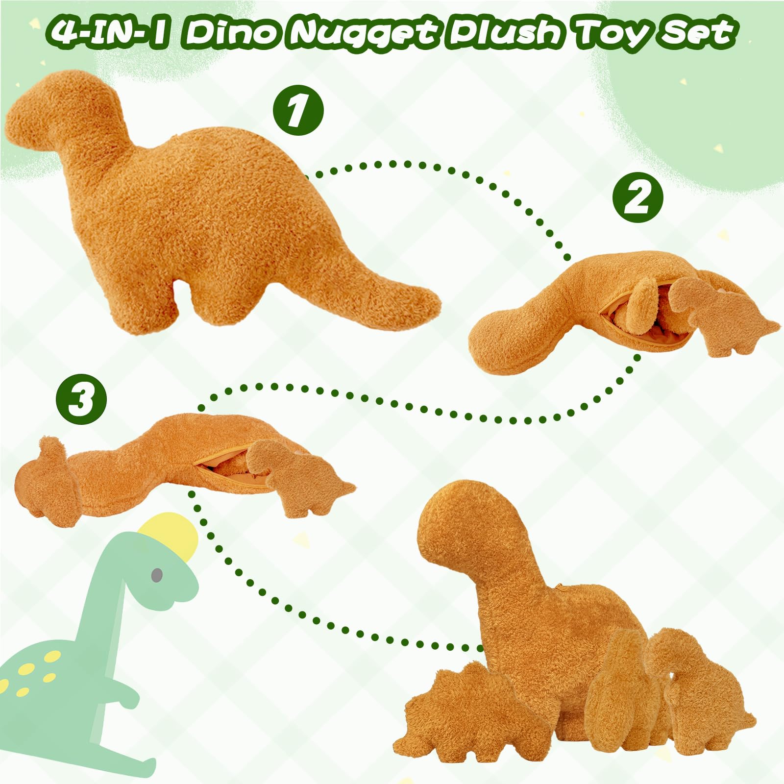 Niurewan 4 Pcs Dino Nugget Pillow Set,Large Chicken Nugget Plush with 3 Small Dinosaur Plush Toys,Dino Stuffed Animal for Birthday Gift Party Favors